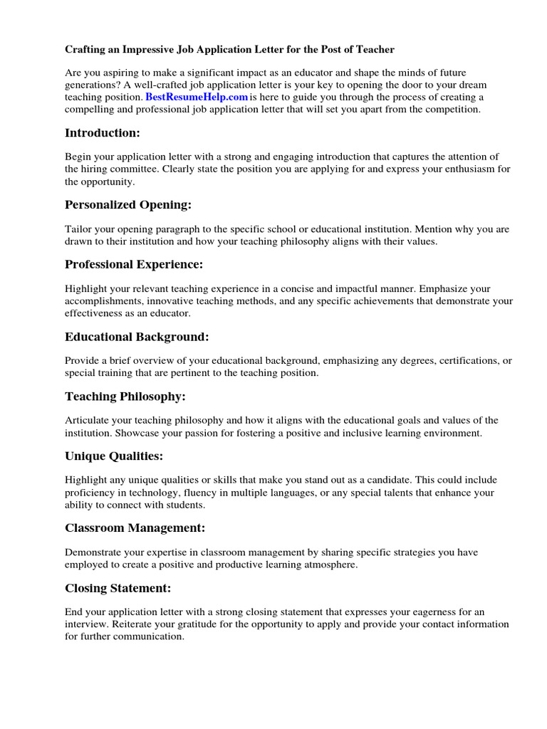 Job Application Letter For Post of Teacher | Download Free PDF ...