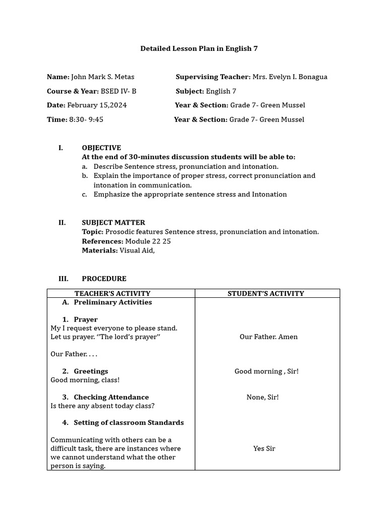 Detailed Lesson Plan - Docx Sentence and Stress | PDF | Stress ...