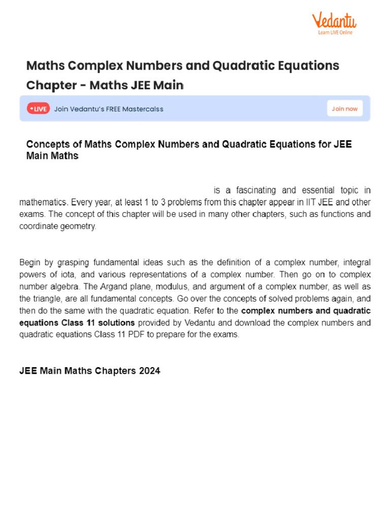 Maths Complex Numbers and Quadratic Equations Chapter - Maths JEE Main | PDF