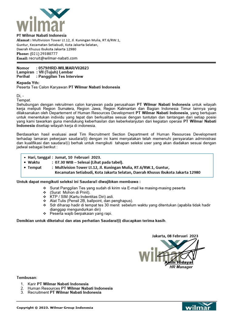 FIle Undangan Interview PT. Wilmar Nabati Indonesia (Wilmar Group ...