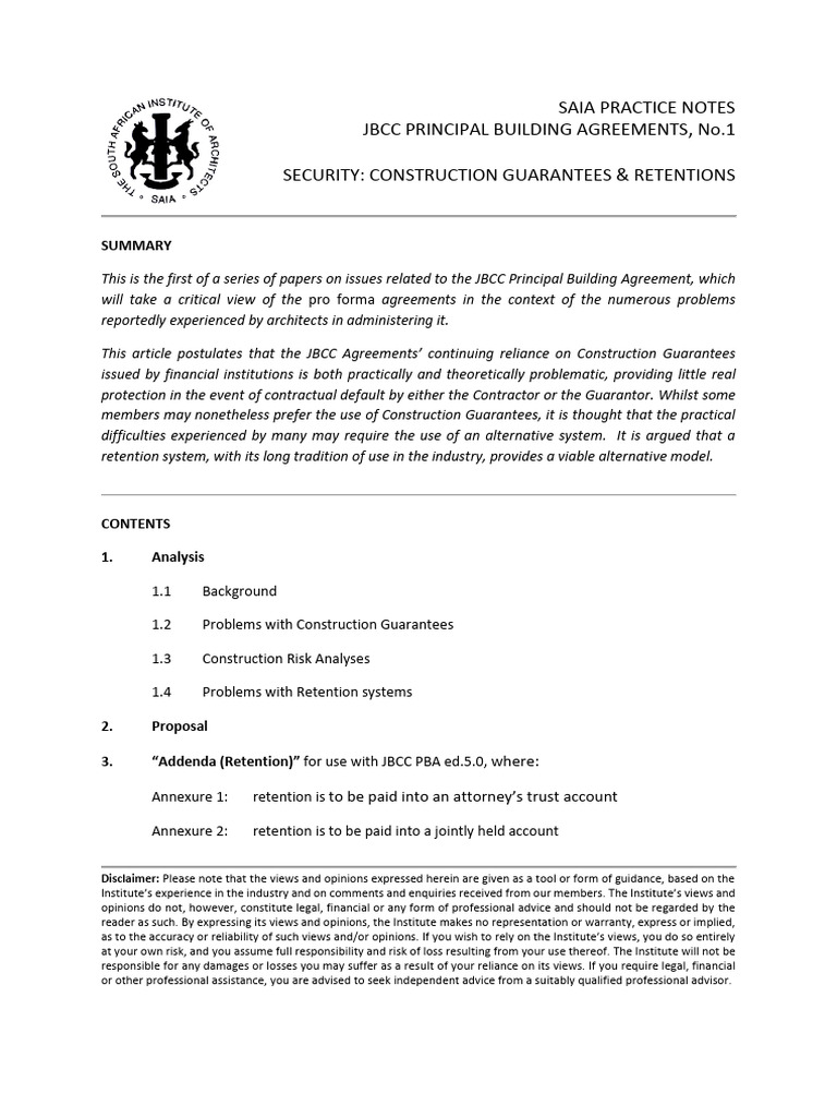 JBCC Notes Cpnstruction Guarantees 20160801 | PDF | Guarantee | Surety