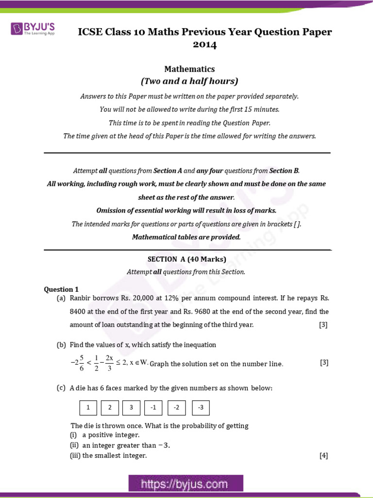 ICSE-Class-10-Maths-Previous-Year-Question-Paper-2014 | PDF | Loans ...