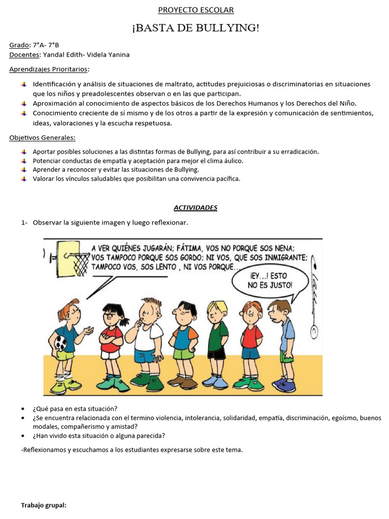 Proyecto Escolar: Erradicación del Bullying | PDF