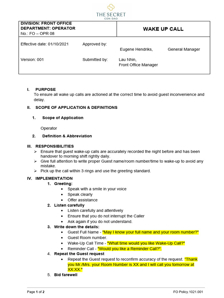 Wake Up Call Procedure for Operators | PDF