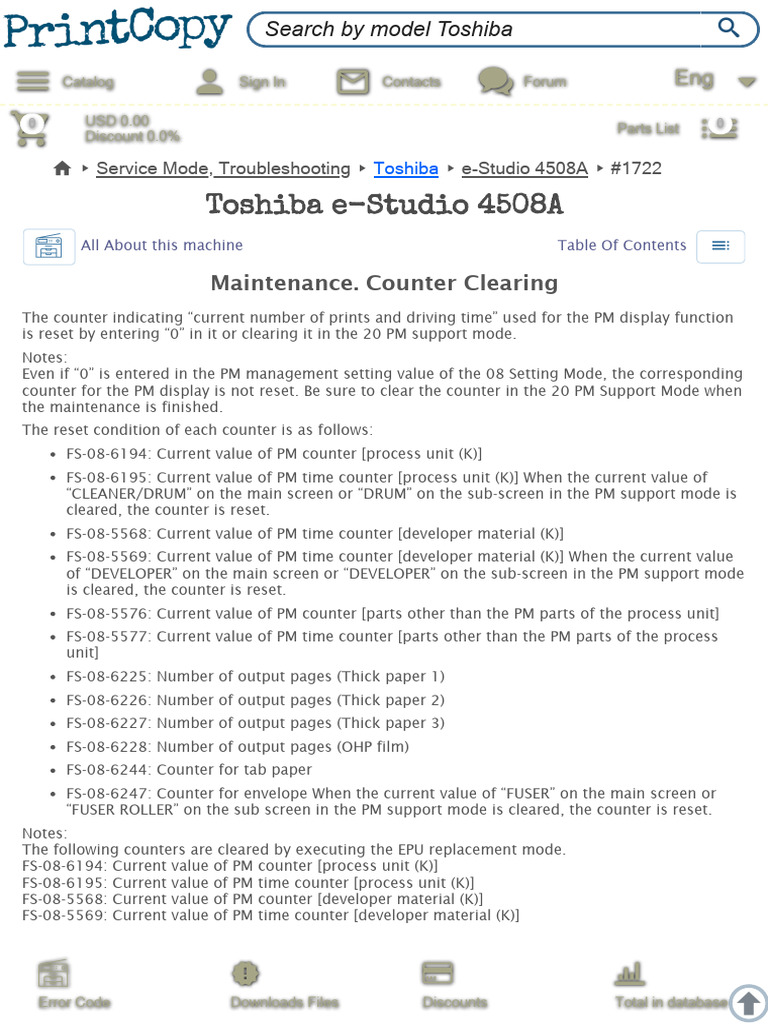 Service Mode, Troubleshooting - Toshiba - E-Studio 4508A - Maintenance. Counter Clearing ...