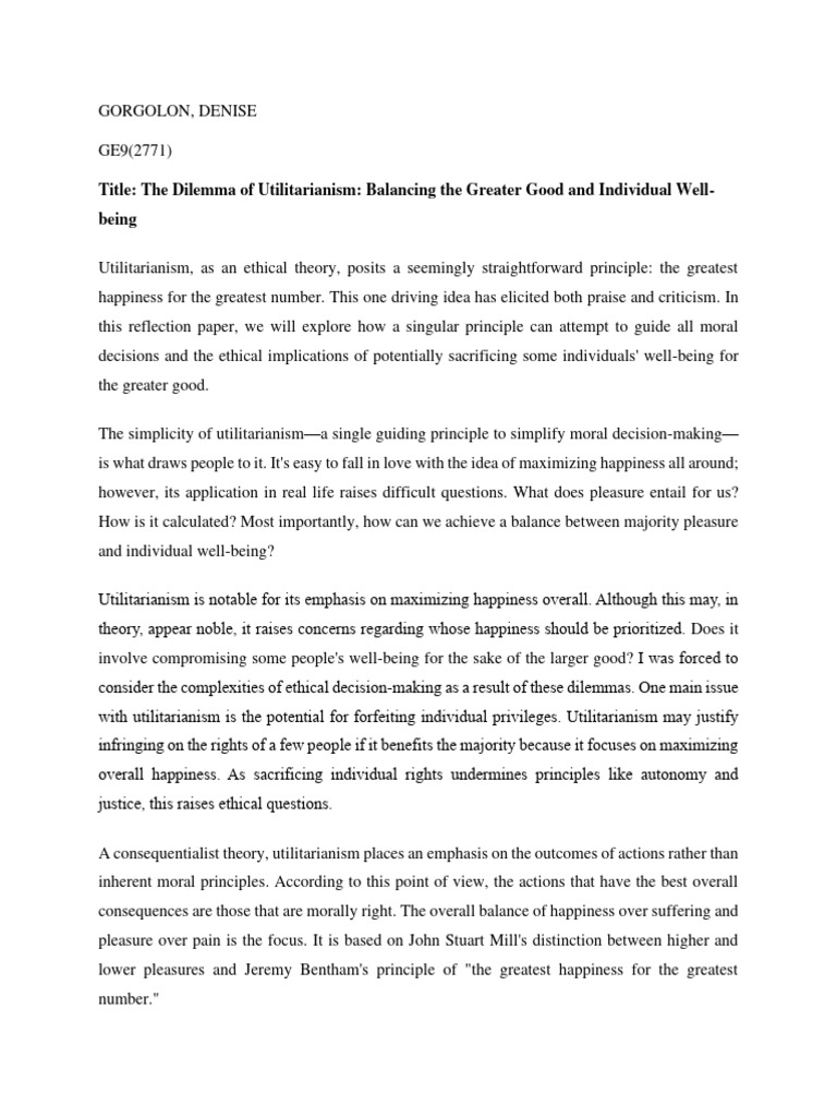 Reflection Paper - Gorgolon (2771) | PDF | Utilitarianism | Happiness
