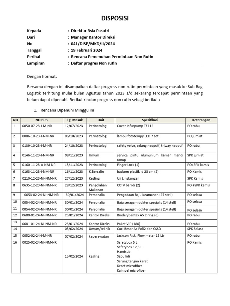 Disposisi 41 Daftar Progres Non Rutin | PDF