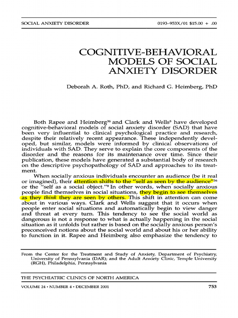 Roth 2001 | Download Free PDF | Cognitive Behavioral Therapy | Anxiety
