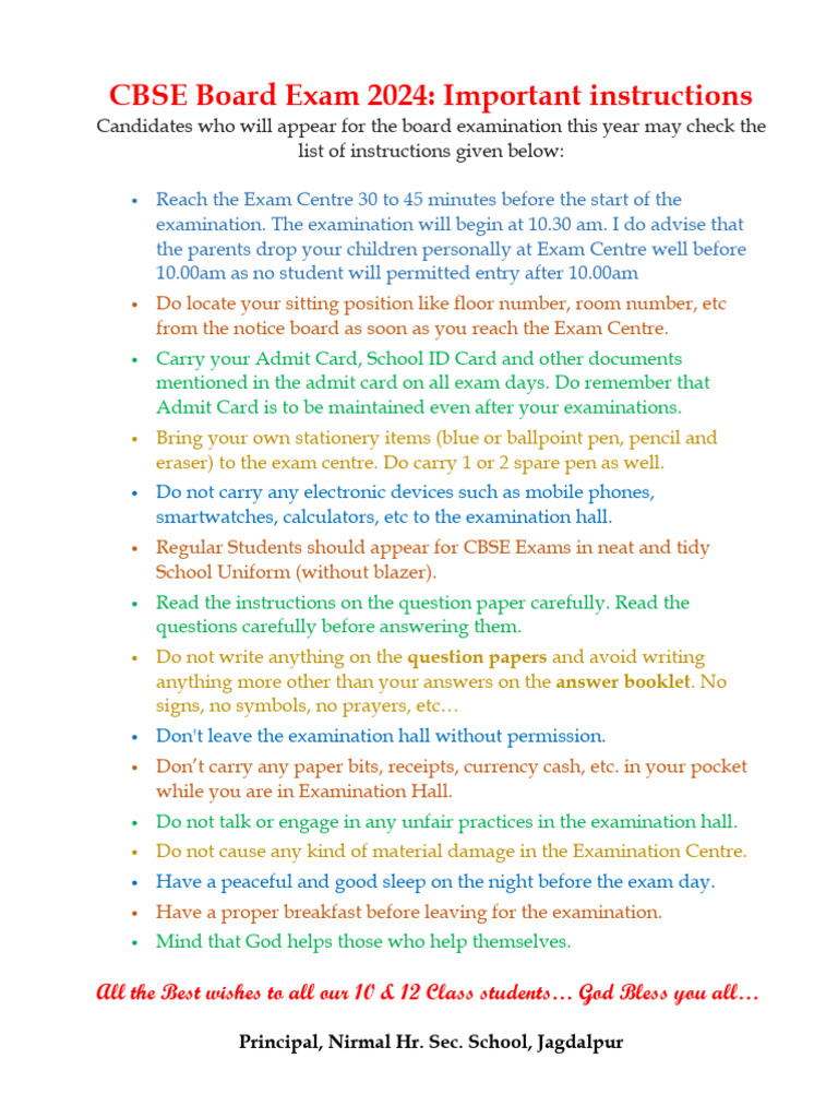 CBSE Board Exam 2024: Key Instructions | PDF