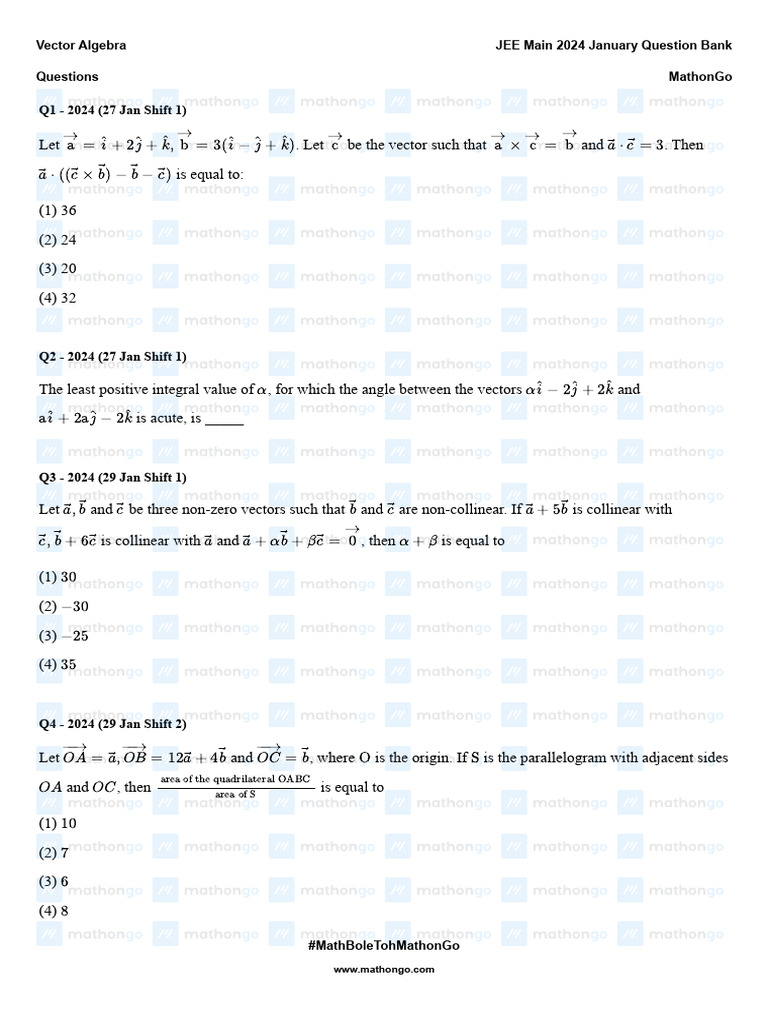Vector Algebra - JEE Main 2024 January Question Bank - MathonGo | PDF | Geometry | Euclidean ...