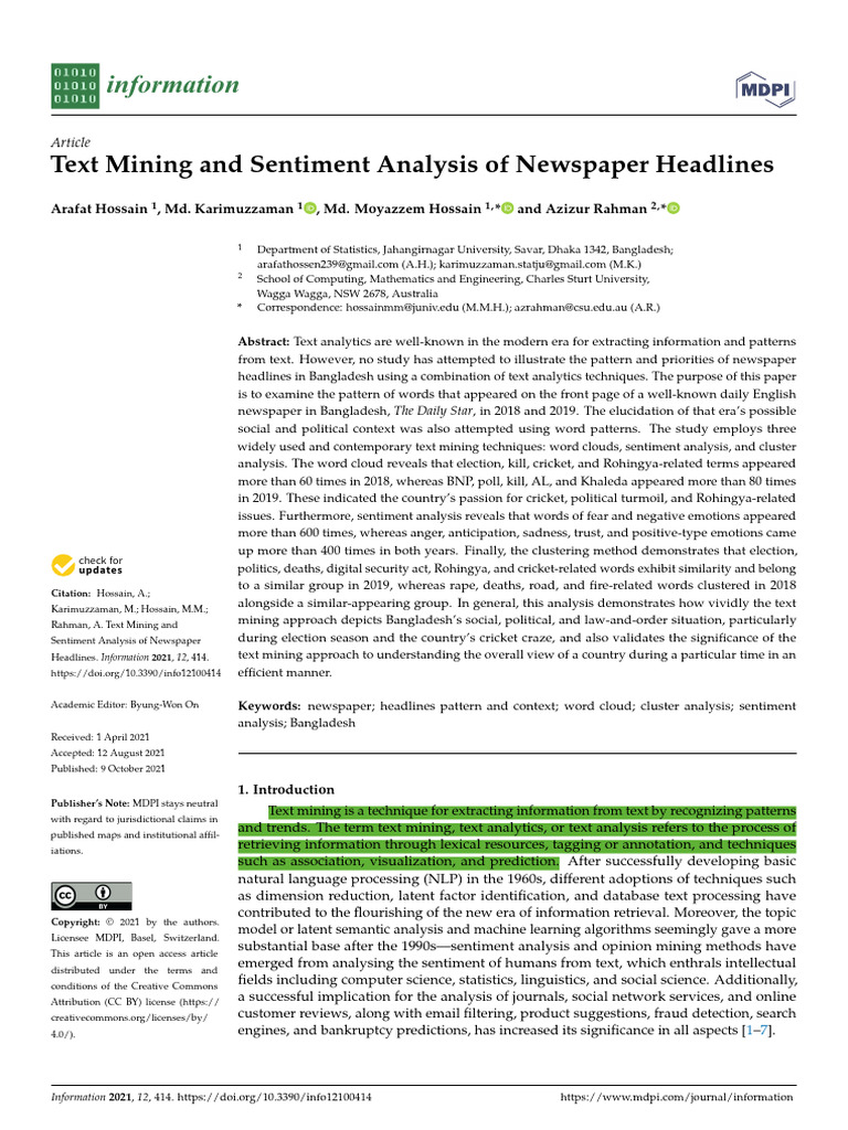 Hossain Et Al. - 2021 - Text Mining and Sentiment Analysis of Newspaper He | PDF | Machine ...