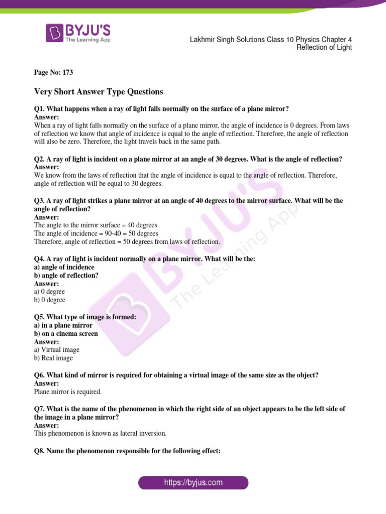 Lakhmir Singh Solutions Feb23 Class 10 Physics Chapter 4 Reflection of Light | PDF | Mirror ...
