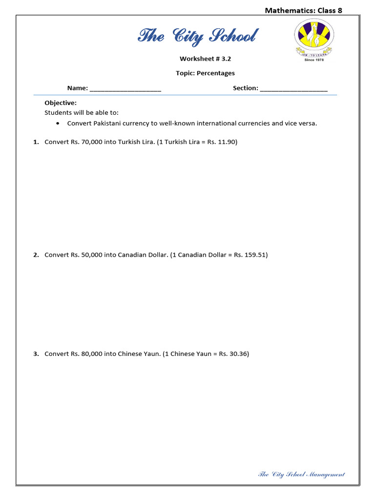 Currency Conversion Worksheet for Class 8 | PDF | Teaching Methods ...