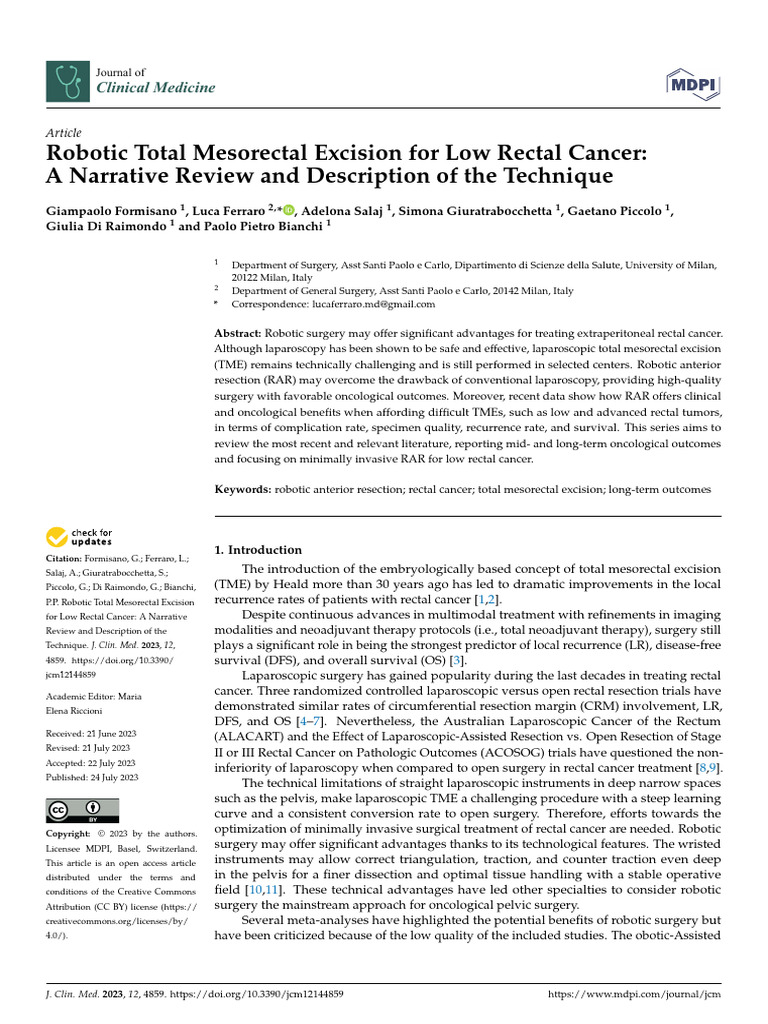 Robotic Total Mesorectal Excision For Low Rectal Cancer | PDF | Medical Specialties | Clinical ...