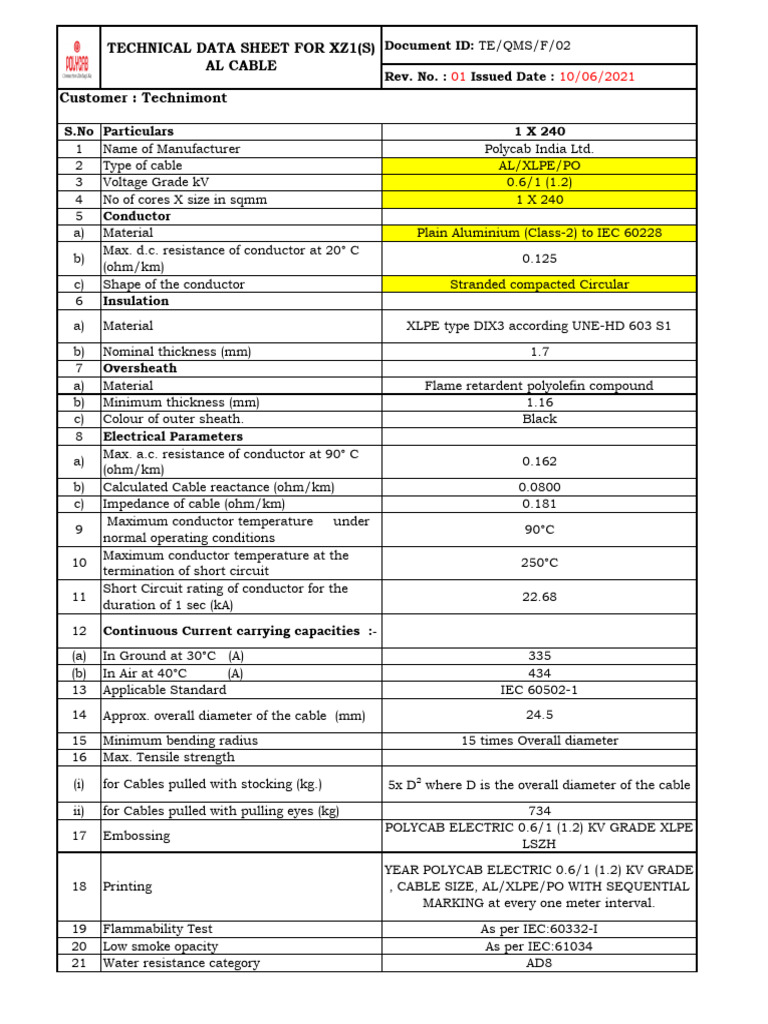 LV Cable - Al - 1C X 240 SQMM - AD8 | PDF | Electrical Resistivity And Conductivity | Electrical ...