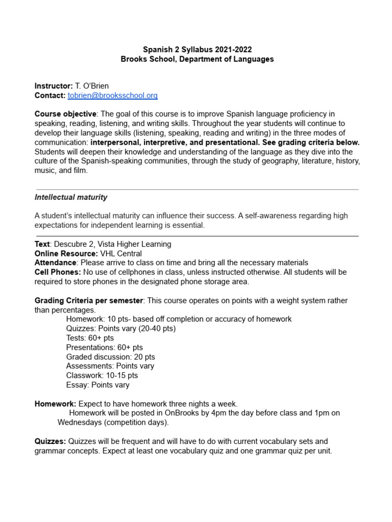 Spanish 2 Syllabus | Download Free PDF | Homework | Learning