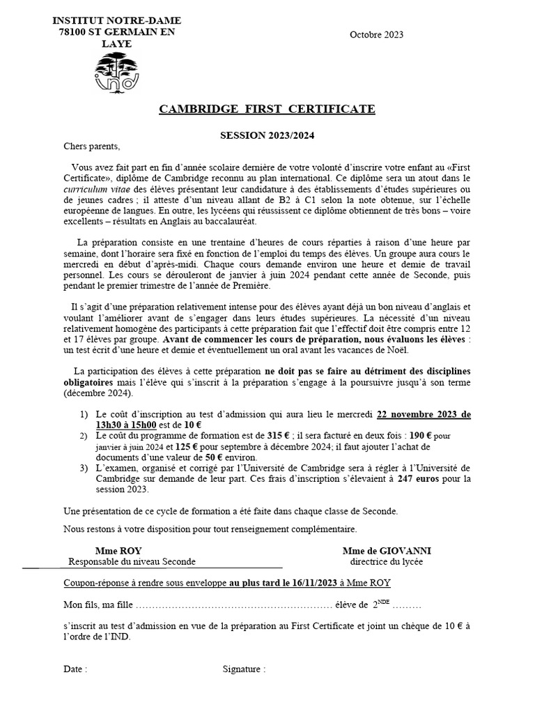 Inscription au First Certificate 2023/2024 | PDF