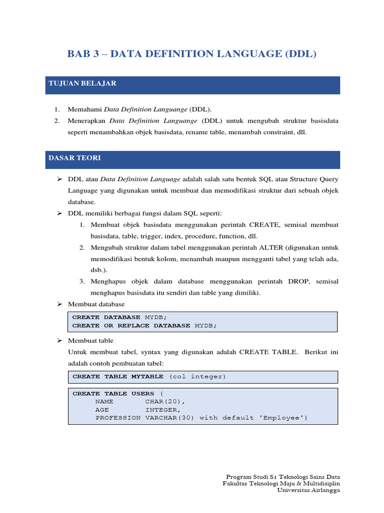 Pengantar Data Definition Language (DDL) | PDF