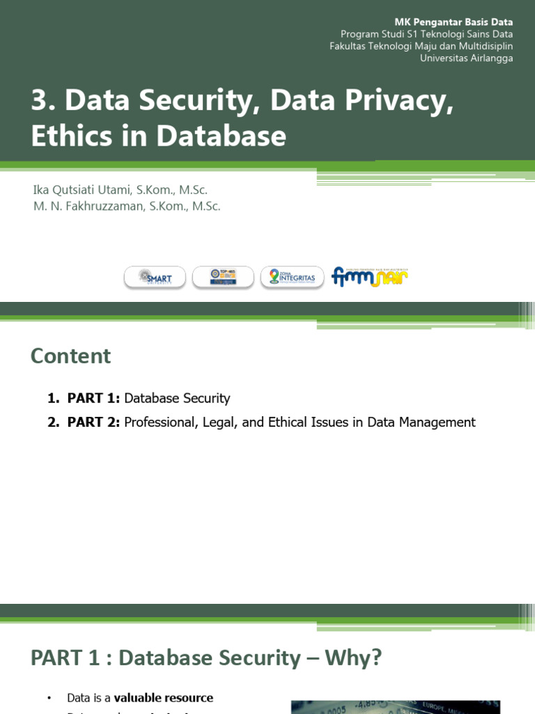 Data Security, Data Privacy, Ethics in Database | PDF | Encryption | Databases
