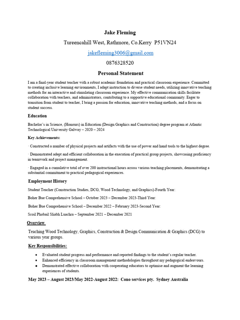 CV - Jake | PDF | Teachers | Pedagogy