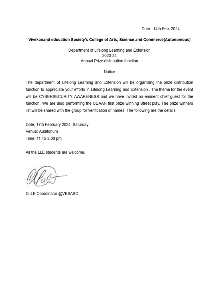 Notice Prize Distribution 17.2.2024 | PDF