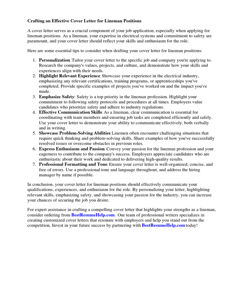 Cover Letter For Lineman Position | PDF | Résumé | Experience