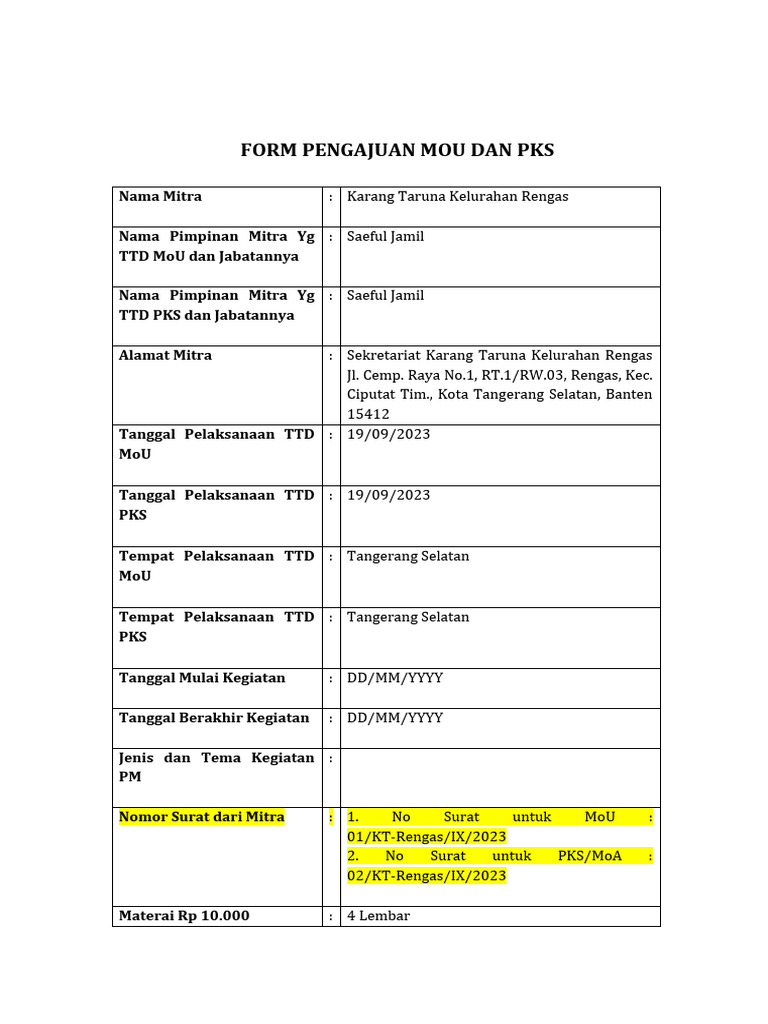 Form Pengajuan MoU Dan PKS-1 | PDF