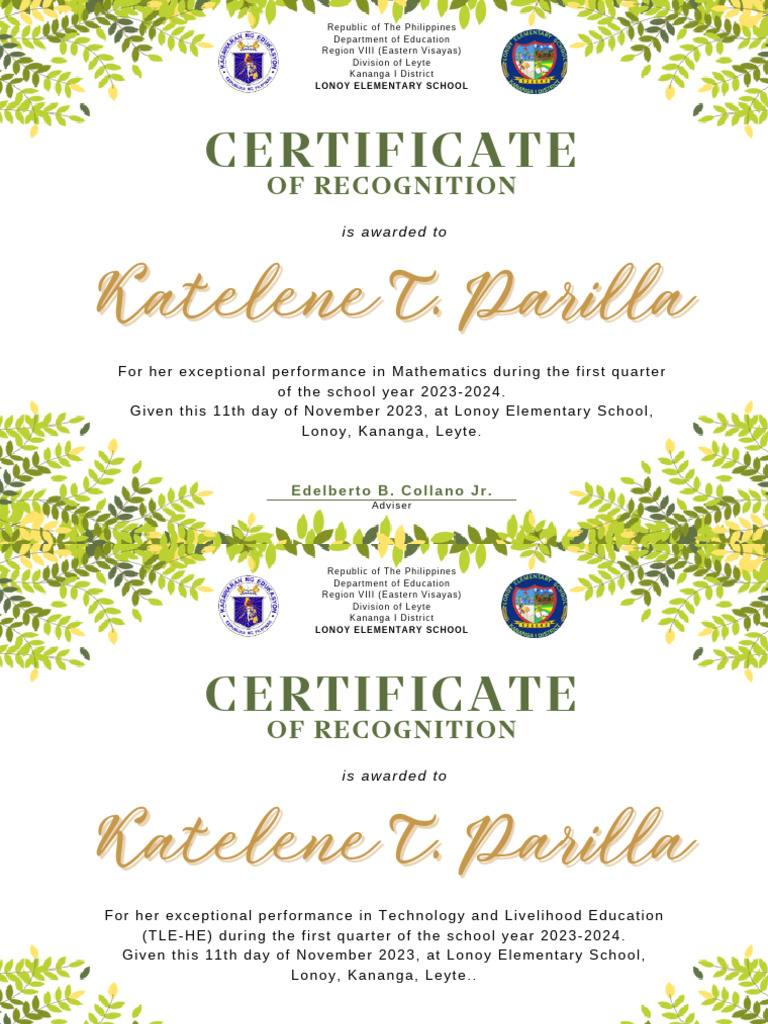 Q1 - Certificate of Recognition | PDF | Government | Philippines