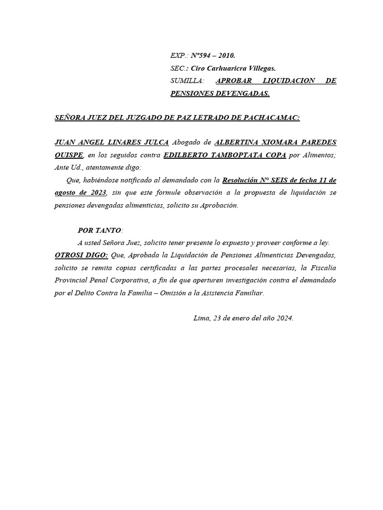 Modelo de Escrito de Aprobación de Liquidación de Pensiones Devengadas | PDF
