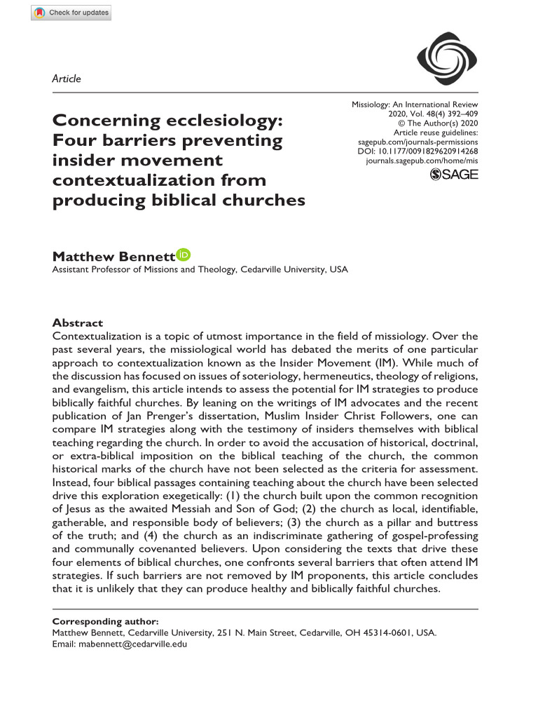 Bennett 2020 Concerning Ecclesiology Four Barriers Preventing Insider Movement Contextualization ...