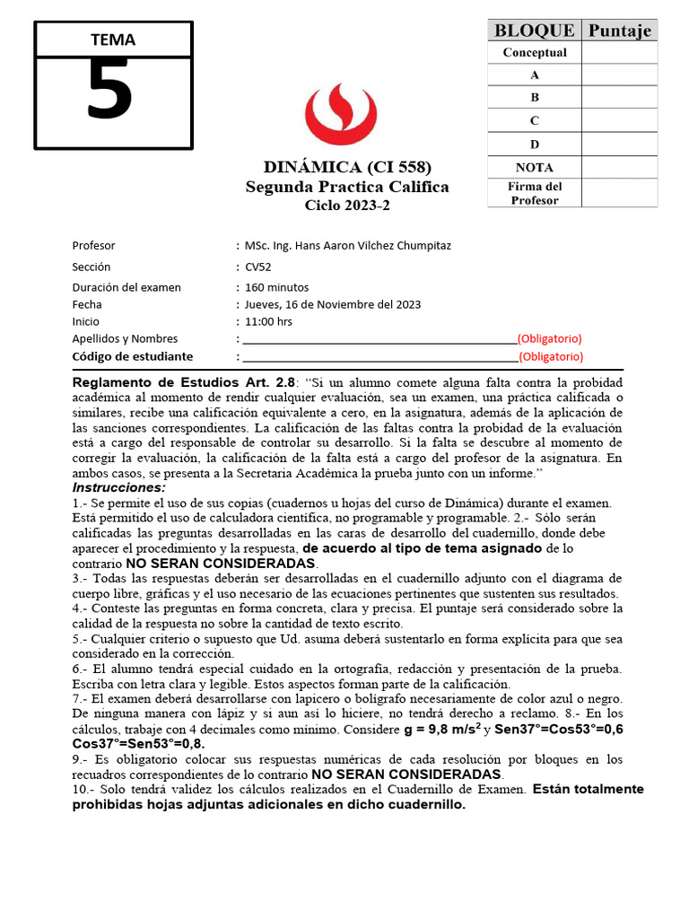 Pc2 Dinamica Upc 2023 2 Cv52 | PDF | Física | Metrología