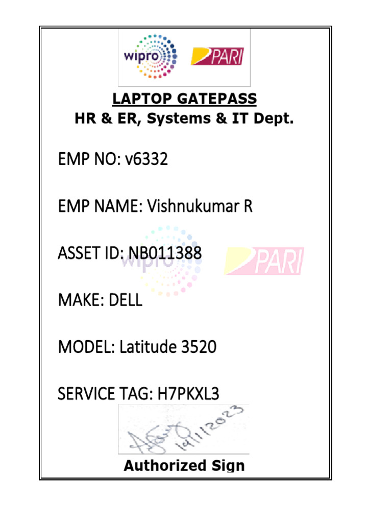 Laptop Gate Pass for Employee v6332 | PDF