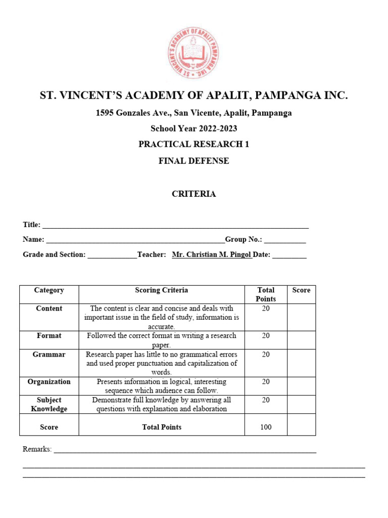 Pr1 Final Defense Criteria | PDF