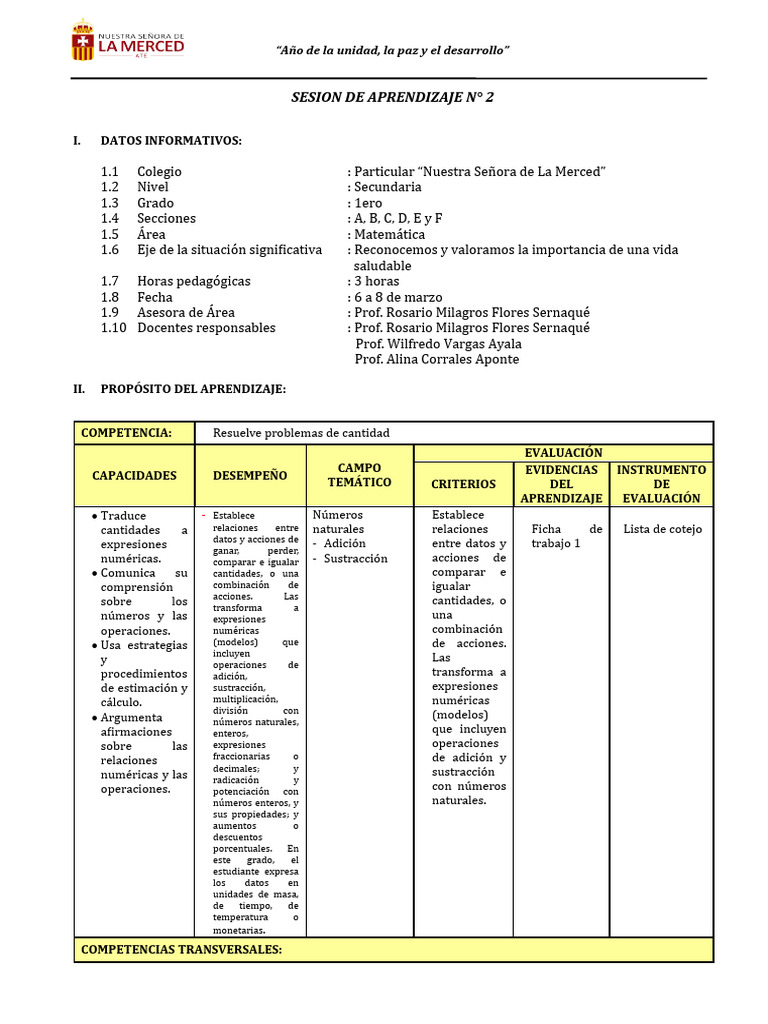 SESION 2 MAT 1º - Bim 1 | PDF | Aprendizaje | Evaluación