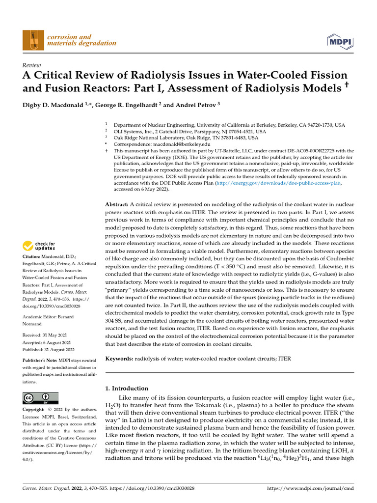 A Critical Review of Radiolysis Issues in Water-Co | PDF | Nuclear ...