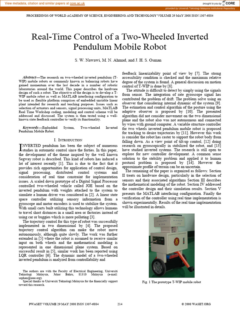 Balancing Control of A Two Wheeled Mobile Robot System | PDF | Control Theory | Gyroscope