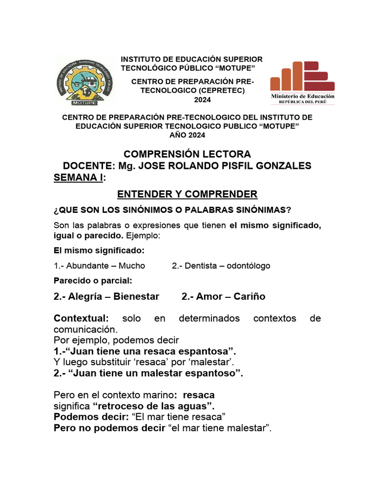 Comprensión Lectora y Sinónimos 2024 | PDF | Aprendizaje | Verbo