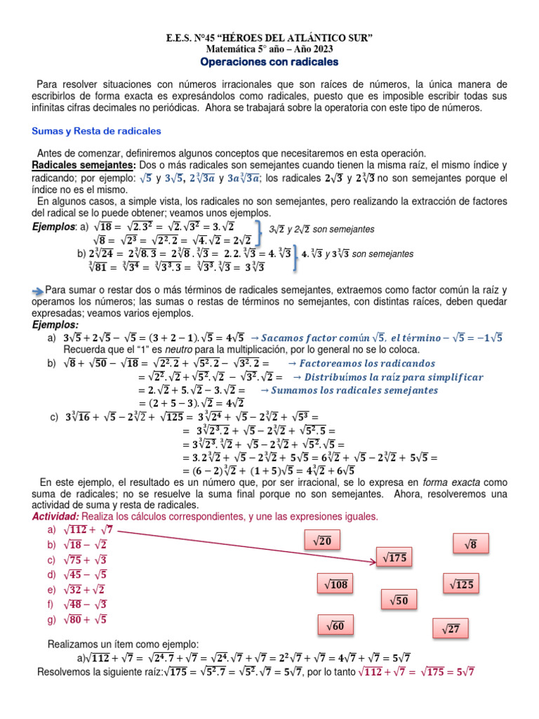 Operaciones con Radicales en Matemática | PDF | Multiplicación | Raíz ...