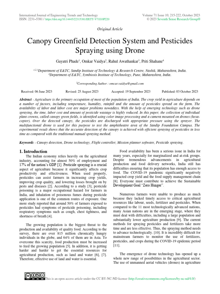 Canopy Greenfield Detection System and Pesticides Spraying Using Drone ...