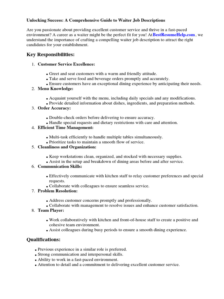 Waiter Job Description For Resume | PDF | Waiting Staff | Restaurants