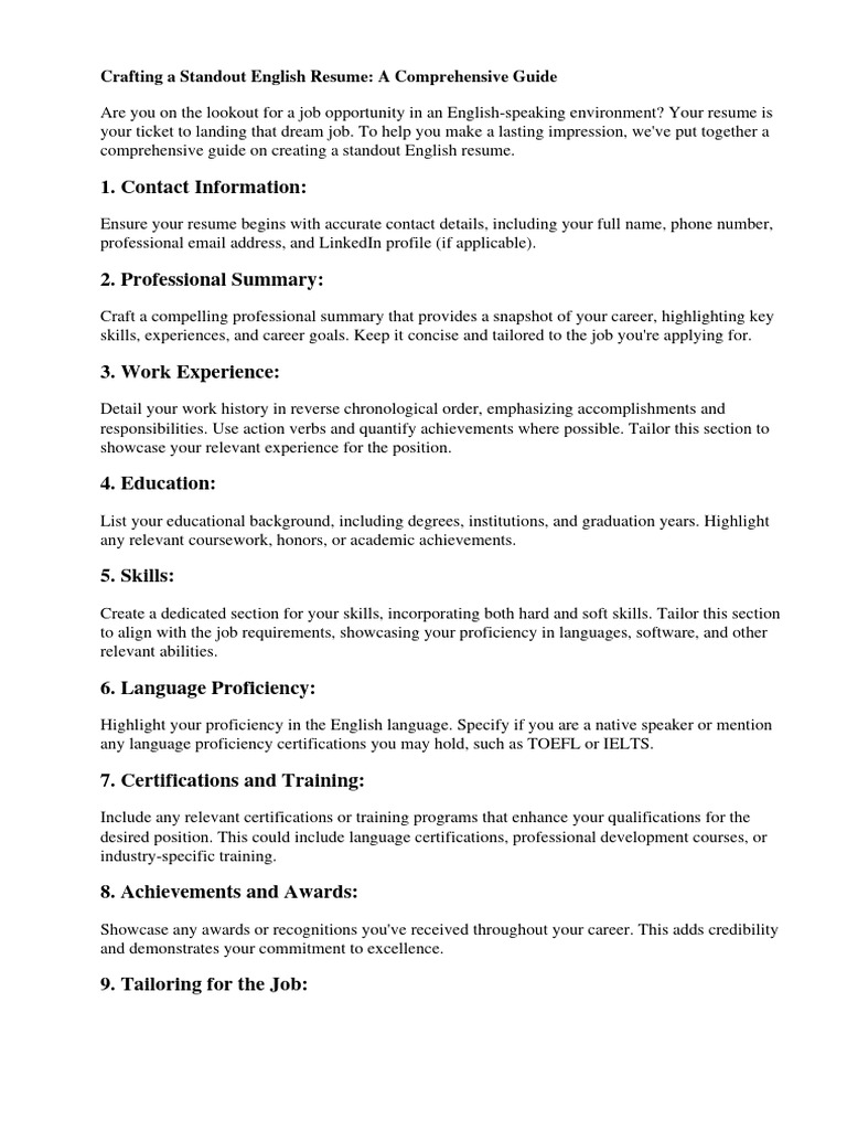 English Resume Example | PDF | Résumé | English As A Second Or Foreign ...
