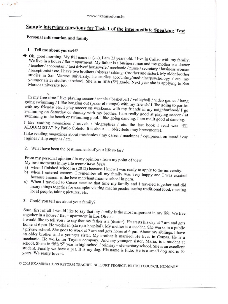 Sample Interview Questions For Task 1 of The Intermediate Speaking Test ...