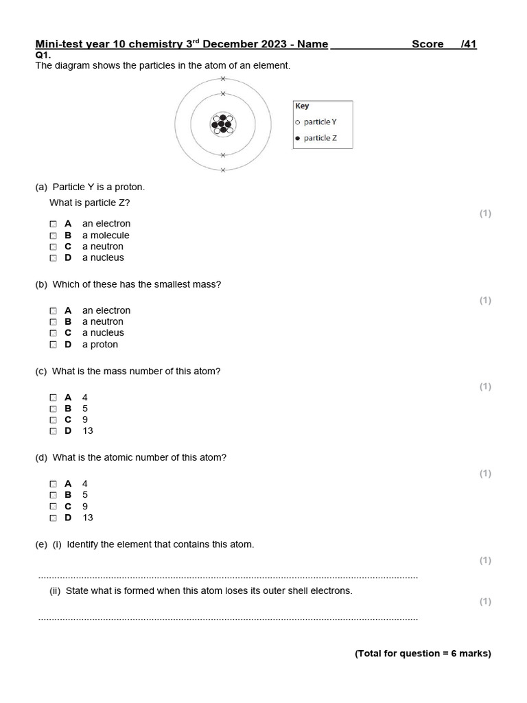 Mini-Test Chemistry Atomic Structure, Ar and Bonding | PDF | Atoms ...