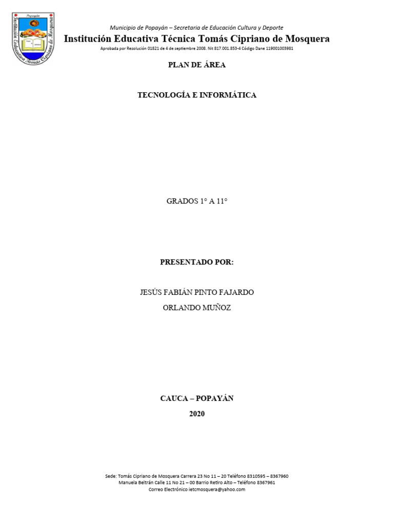 Plan de Area Tecnologia e Informatica 2020 | PDF | Hardware de la computadora | Tecnología de ...