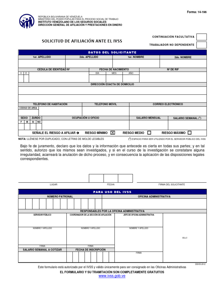 Solicitud de Afiliación Ante El Ivss: Forma: 14-196 | PDF