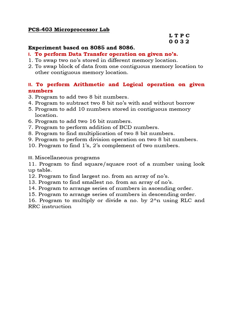 Syllabus PCS-403 Microprocessor Lab | PDF