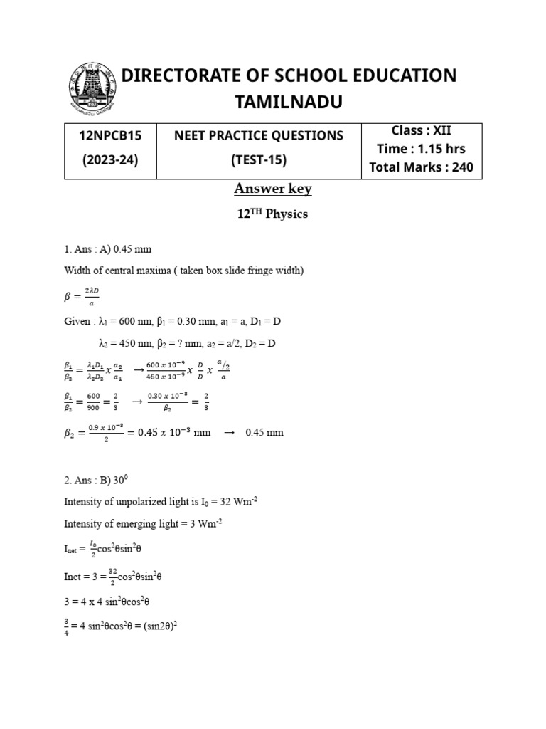 12th Physics Answer Key - Tamilnadu | PDF