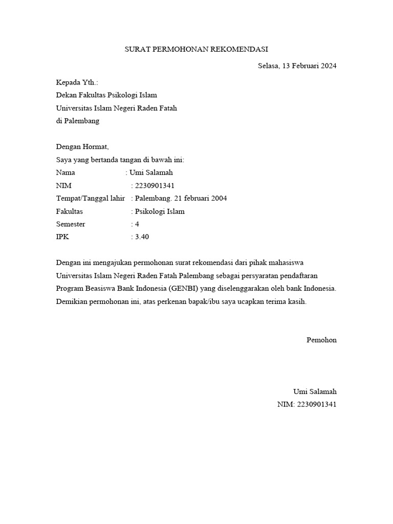 Template Surat Permohonan Rekomendasi Mendaftar Beasiswa Dan Pengantar ...