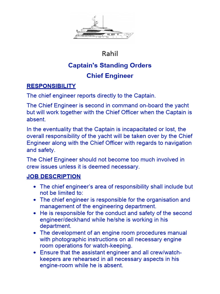 Standing Orders Chief Engineer | PDF | Sea Captain | Shipping