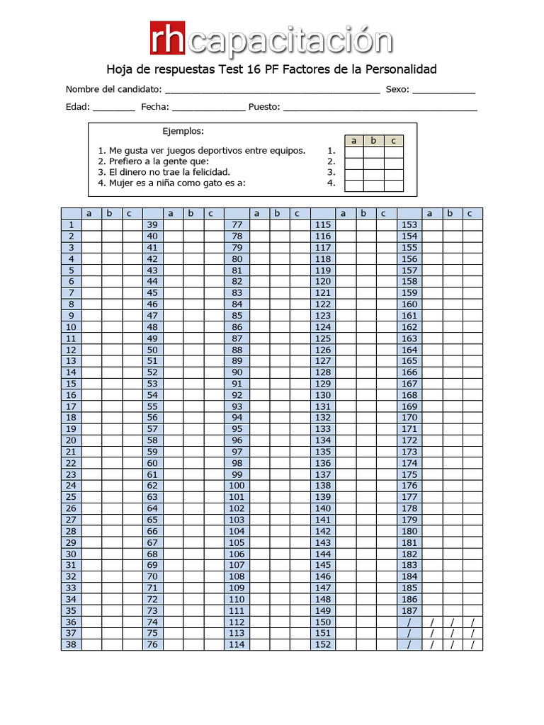 Hoja De Respuestas Test 16 Pf Pdf